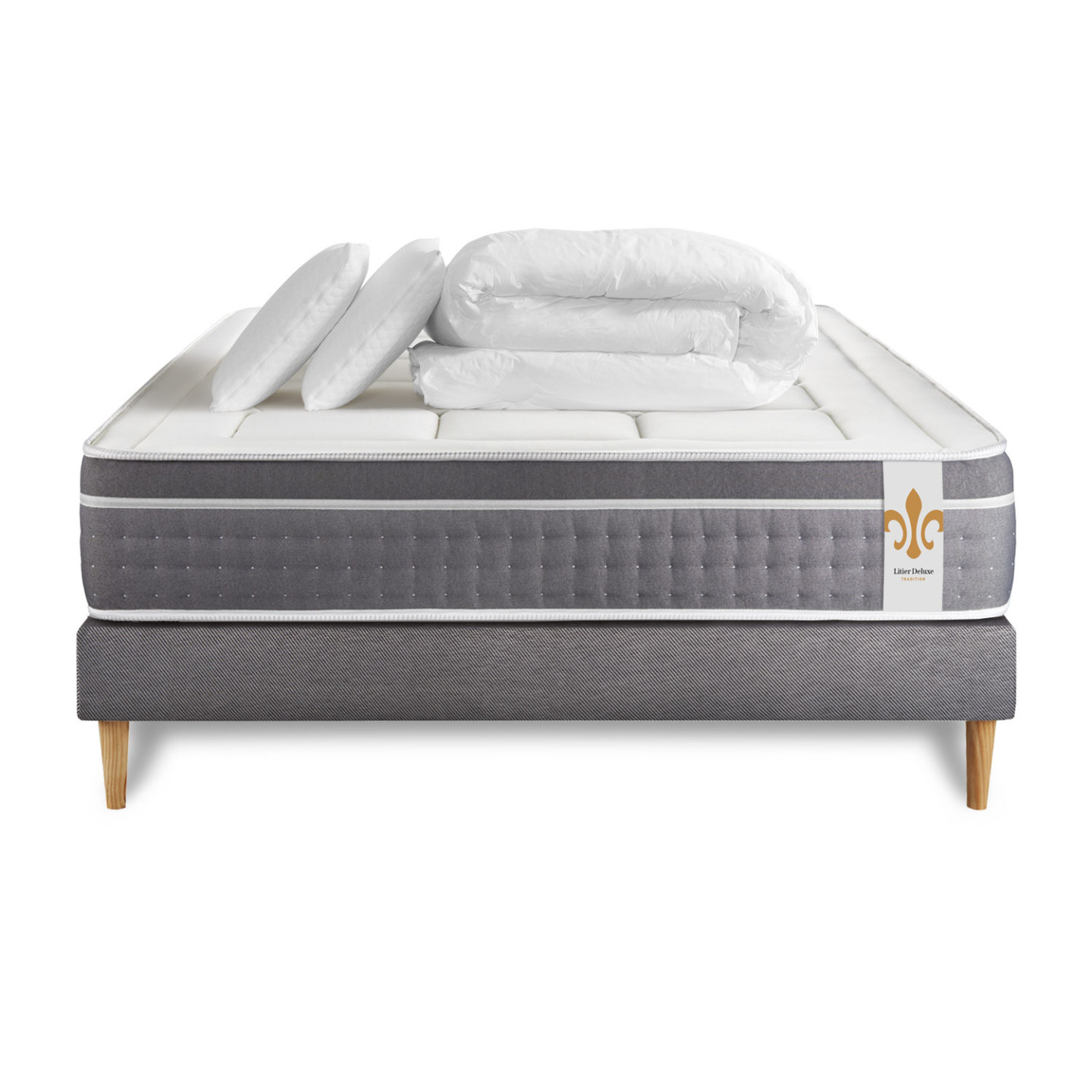 Pack lit complet 140x190 cm - Matelas + Sommier Gris (en kit) + 2 ...